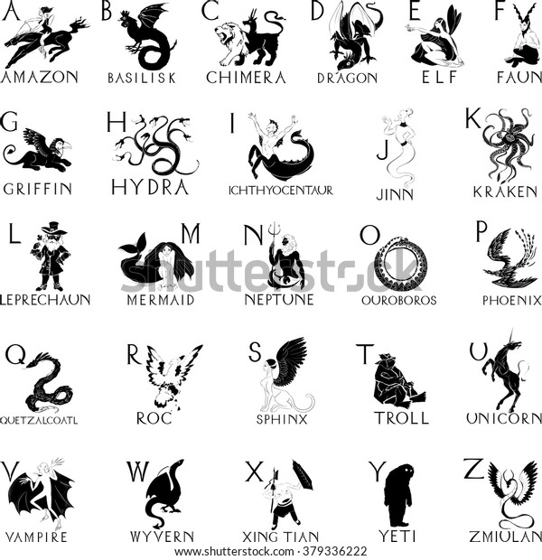 Alphabet Silhouettes Mythical Creatures: vector de stock (libre de ...