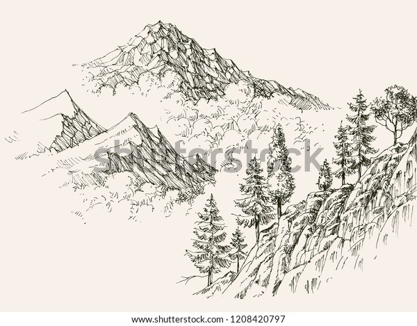 Alpine Sketch Mountain Ranges Coniferous Vegetation Stock Vector ...