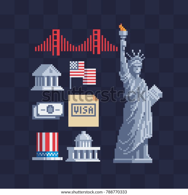 American icons. USA theme. Pixel art. Statue of Liberty. Hat cylinder ...