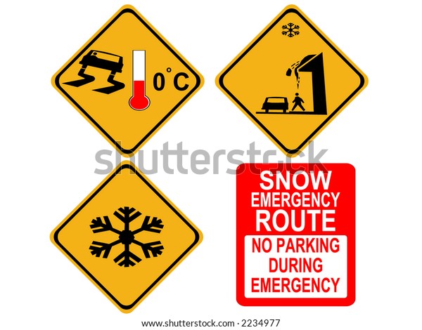 American winter warning signs icy roads and falling snow