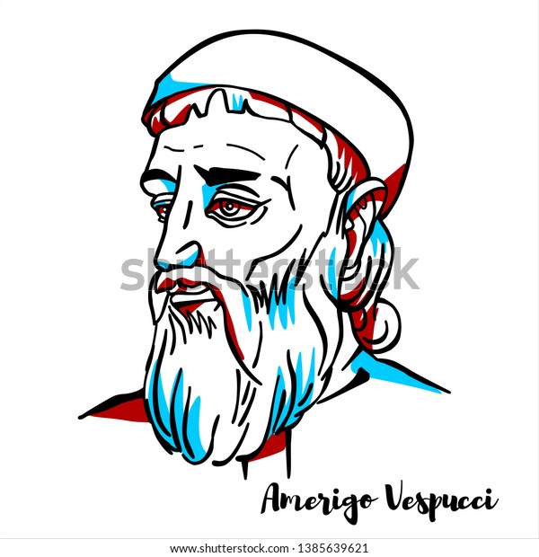 Amerigo Vespucci Engraved Vector Portrait Ink 스톡 벡터(로열티 프리) 1385639621