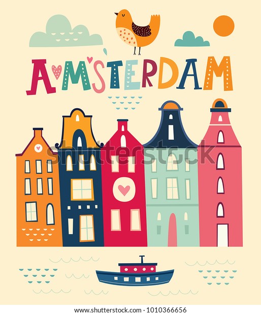 Amsterdam Poster Cartoon Style Stock Vector (Royalty Free) 1010366656