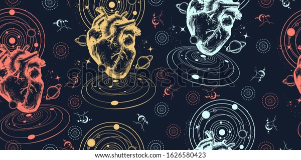 Anatomic Heart Among Galaxies Planets Seamless Stock Vector (Royalty ...
