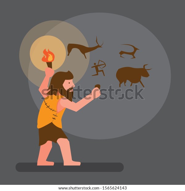 Ancient Human Drawing Cave Flat Illustration : image vectorielle de ...
