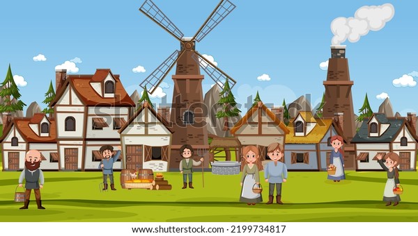 Ancient Medieval Village Background Illustration Stock Vector (Royalty ...