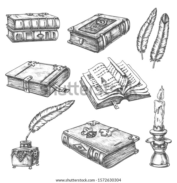 Ancient old books, vector pencil sketch icons. Vintage literature and ...
