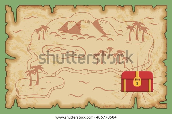 Ancient old pirate treasure map pattern, island map on brown old paper ...