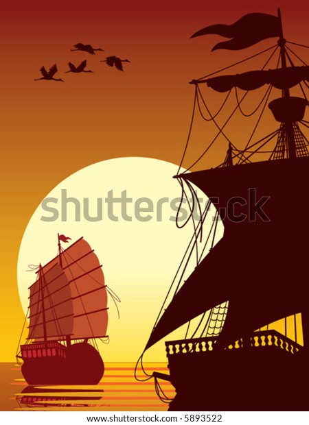 Ancient Ships Sailing Into Sunset Vector Stock Vector (Royalty Free ...