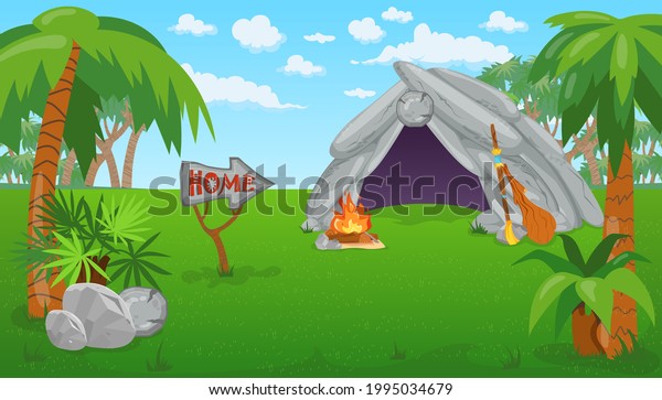 Ancient Stone House Field Campfire Primitive Stock Vector (Royalty Free ...