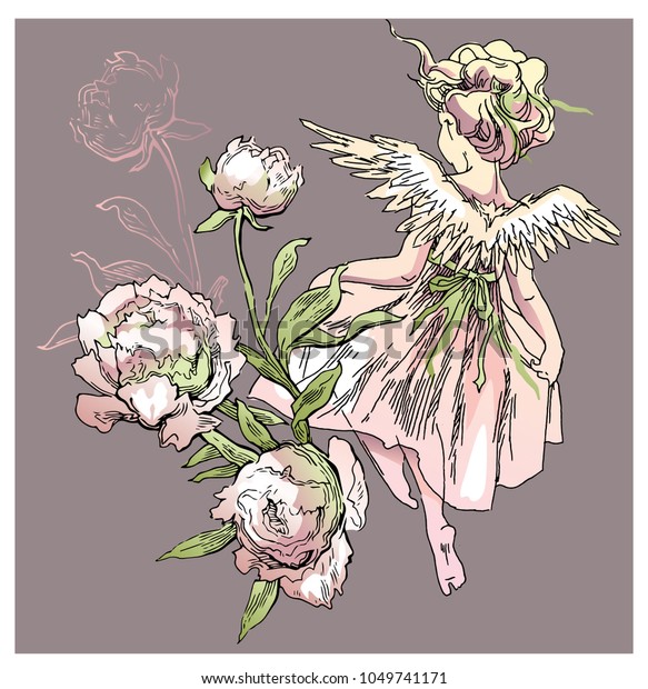 Angel and flowers vector illustration. Drawing of peony flowers and ...
