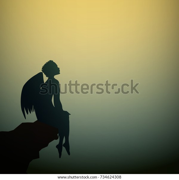 Angel Sits On Cliff Look Sun Stock Vector (Royalty Free) 734624308