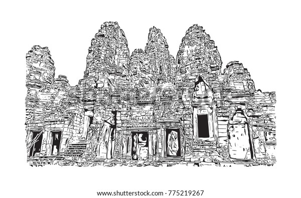 Angkor Wat Temple Cambodia Hand Drawn Stock Vector (Royalty Free) 775219267