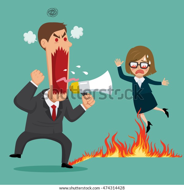 Angry boss screaming on fire burning at female employee, vector ...