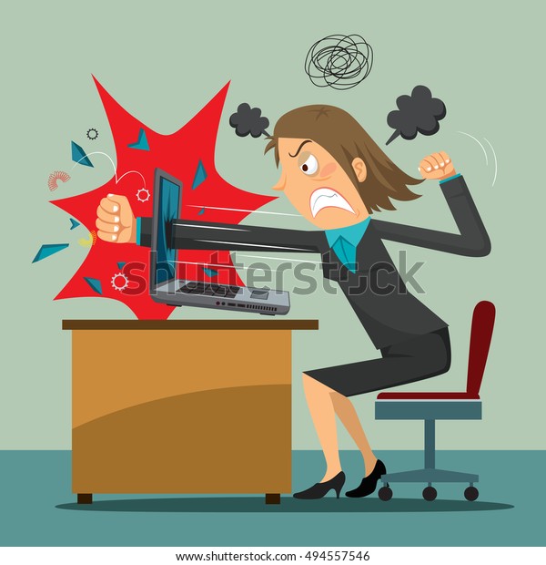 Angry Businesswoman Punching Computer Vector Illustration Stock Vector ...