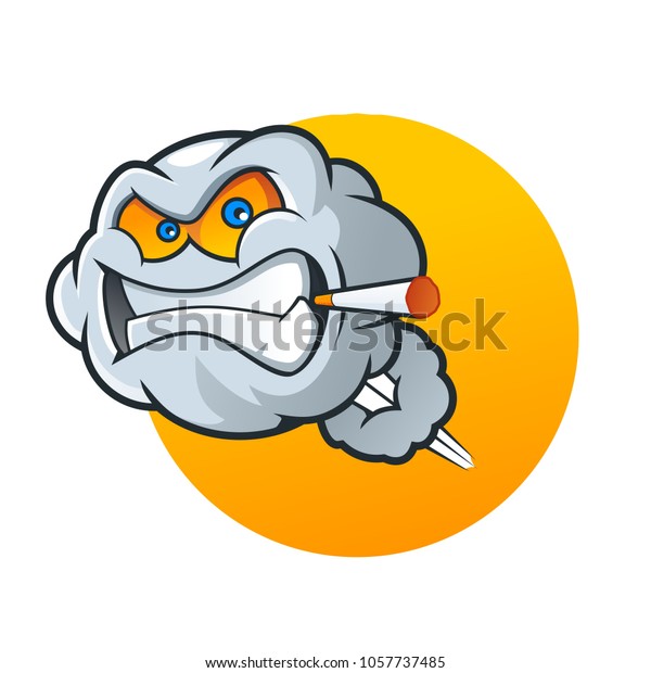 Angry cloud cartoon character smoking a cigarette