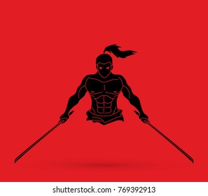Angry Samurai Standing Swords Front View Stock Vector (Royalty Free ...