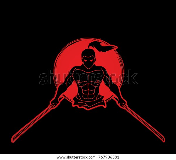 Angry Samurai Standing Swords Front View: Stock-Vektorgrafik ...
