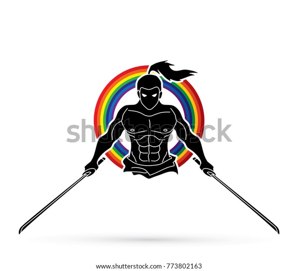 Angry Samurai Standing Swords Front View: vector de stock (libre de ...