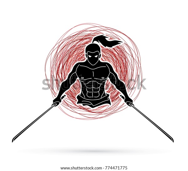 Angry Samurai Standing Swords Front View Stock Vector (Royalty Free ...
