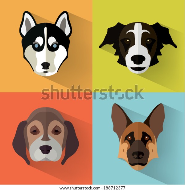 Animal Portrait Set with Flat Design / Dog Collection / Vector Illustration