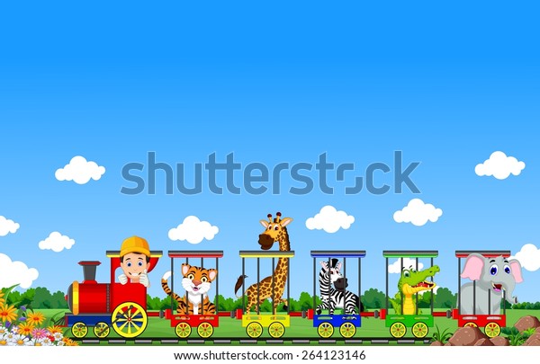 Animal Train Cartoon เวกเตอร์สต็อก (ปลอดค่าลิขสิทธิ์) 264123146