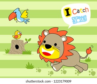 Animals Cartoon Vector Lion Play Birds Stock Vector (Royalty Free ...