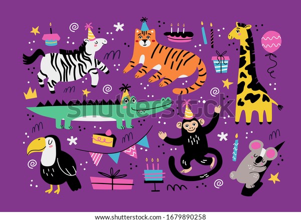 Animals Party Symbols Vector Illustrations Set Stock Vector (Royalty ...
