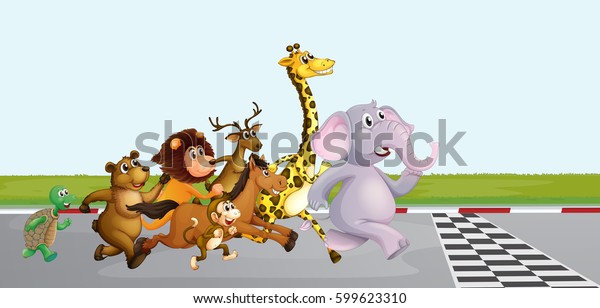 Animals Racing Over Finish Line Stock Vector (Royalty Free) 599623310 ...