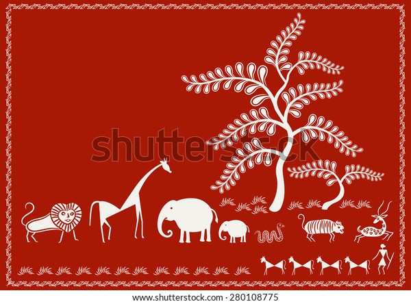 Animals Trees Ancient Indian Art Warli Stock Vector (Royalty Free ...