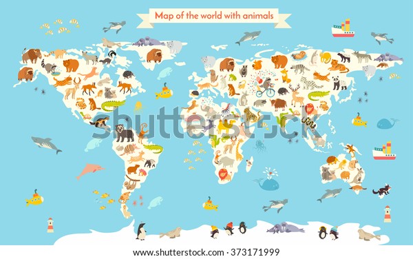 Animals world map. Colorful cartoon vector illustration for children ...