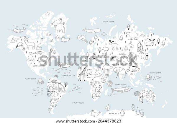 Animals World Map Kids Poster Cute: vetor stock (livre de direitos ...