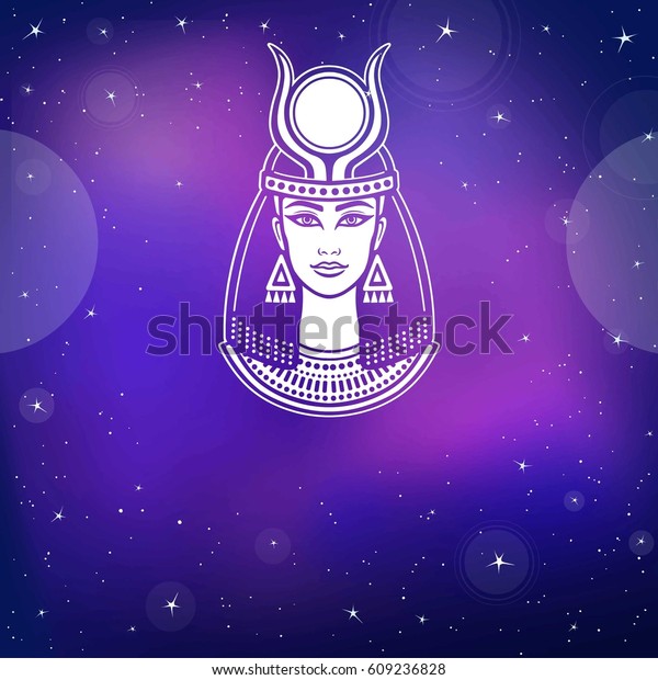 Animation Portrait Ancient Egyptian Horned Goddess Stock Vector ...