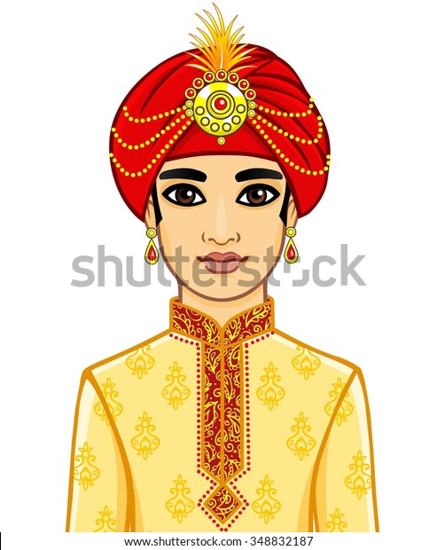 Animation portrait of the Indian man. Isolated on a white background.