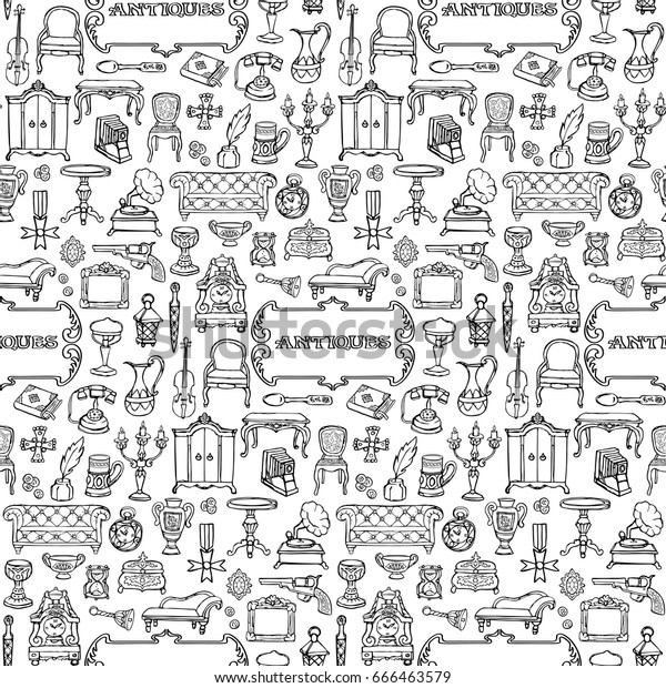 Antiques Doodle Hand Drawn Seamless Pattern Stock Vector (Royalty Free ...