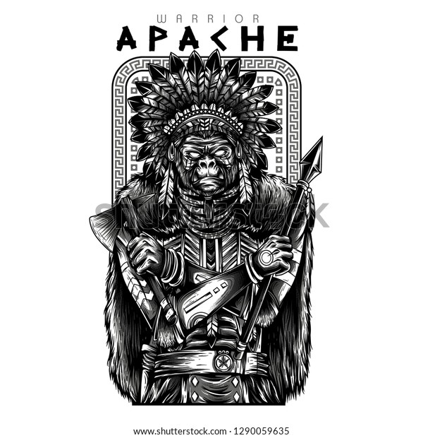 Apache Warrior Black White Illustration Stock Vector (Royalty Free ...