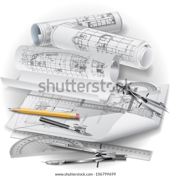 Architectural Background Drawing Tools Rolls Drawings Stock Vector ...