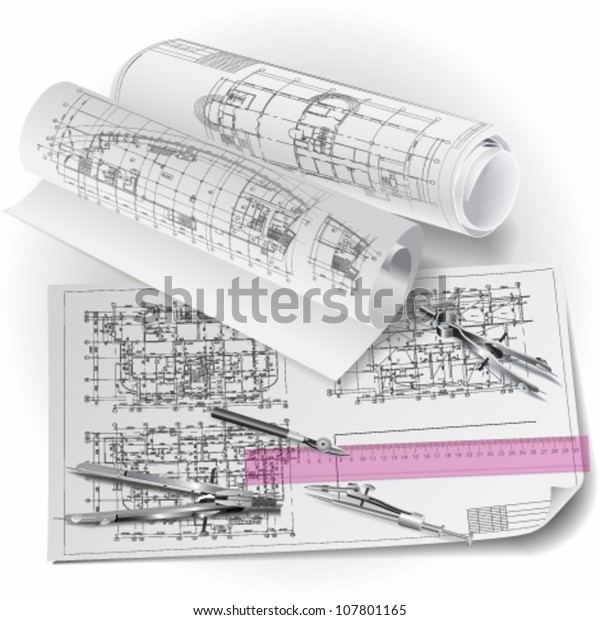 Architectural Background Drawing Tools Rolls Drawings Stock Vector ...