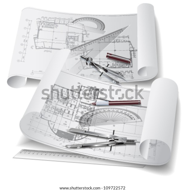 Architectural Background Drawing Tools Rolls Drawings: vector de stock ...