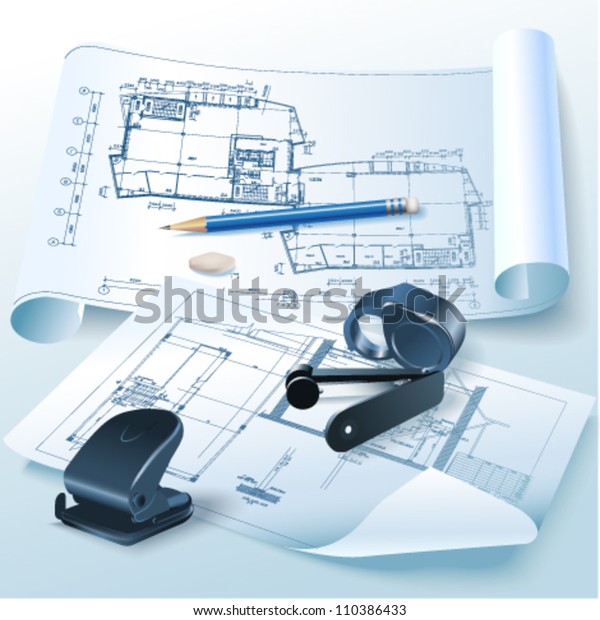 Architectural Background Drawing Tools Rolls Drawings: vector de stock ...