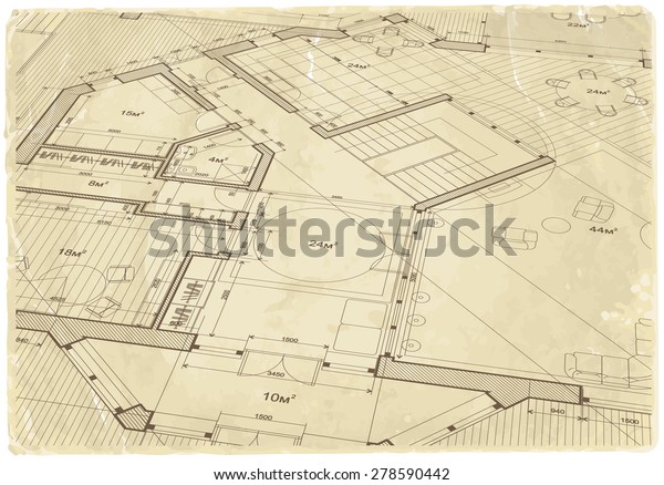 architectural drawing House Plan on the texture of the old sheet of ...