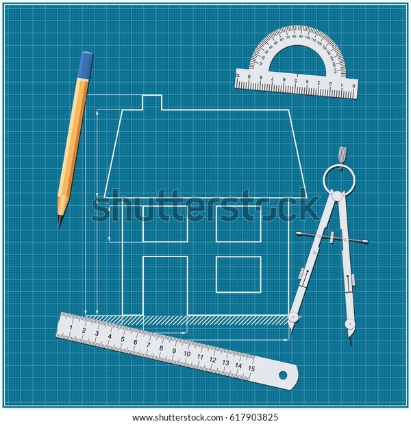 Architectural Drawing Drawing Tools On Blueprint Stock Vector (Royalty ...