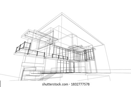 Architectural Drawings Linear 3d Illustration Stock Vector (Royalty ...