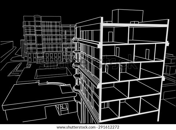 Architectural Linear Sketch Multistory Apartment Building 스톡 벡터(로열티 프리 ...