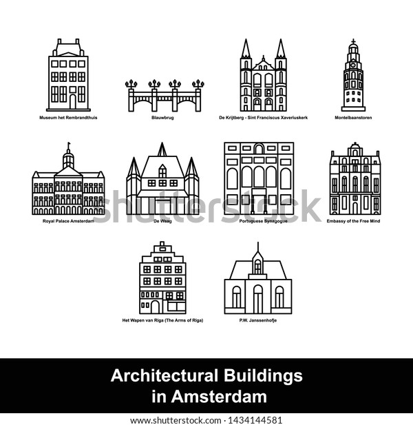 Arcitectural Buildings Amsterdam Icon Set Outline Stock Vector (Royalty ...