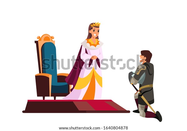 Armed knight kneeling before queen or princess. Knighting ceremony ...