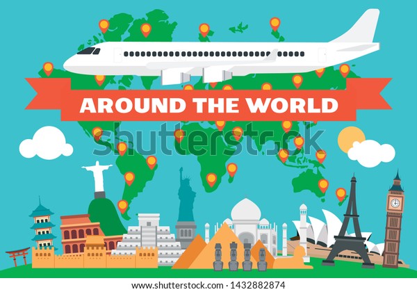 Around World Flat Design Plane Map Stock Vector (Royalty Free ...
