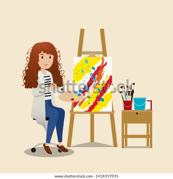 Art Class Concept Women Drawing Canvasartist Stock Vector (Royalty Free ...