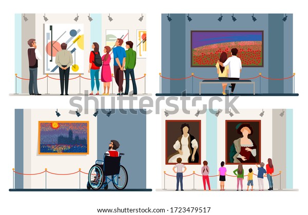 Art gallery with visitor set. Man and woman enjoying artwork exhibition ...