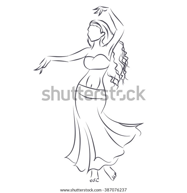 Art line of belly dancer. Young slender girl in east suit shows ...
