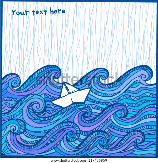 Artistic Handdrawing Blue Waves White Sheep: vector de stock (libre de ...